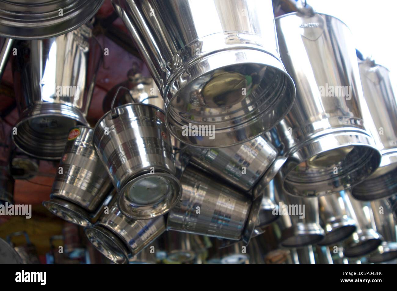Steel buckets in the shop, India, Asia Stock Photo - Alamy
