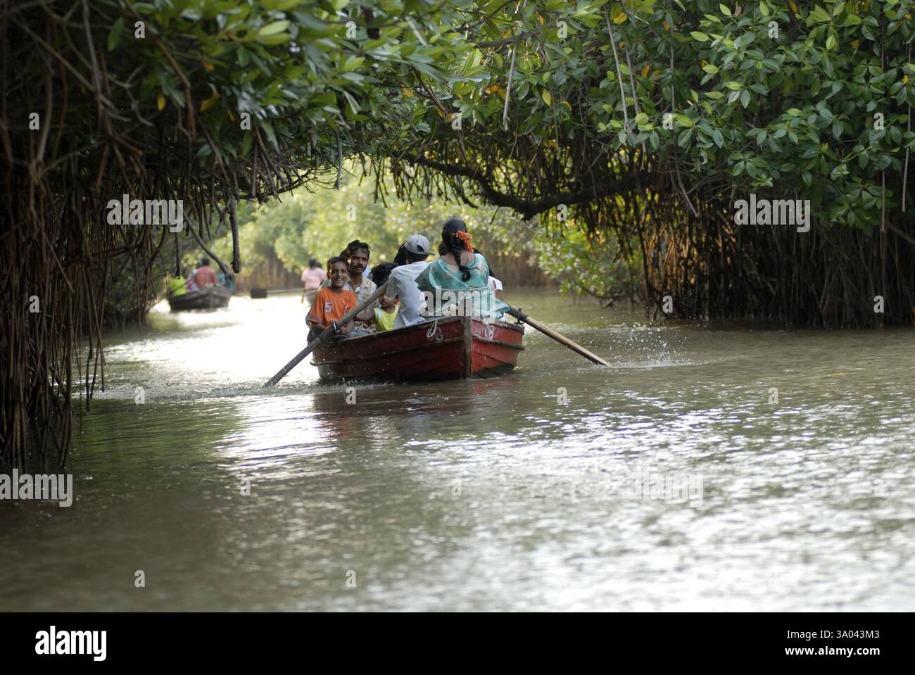 People travelling through boats in backwater near Pichavaram mangrove ...