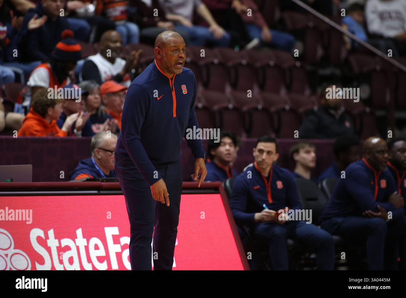 Blacksburg, VA, USA. 1st Mar, 2025. Syracuse Orange head coach Adrian ...