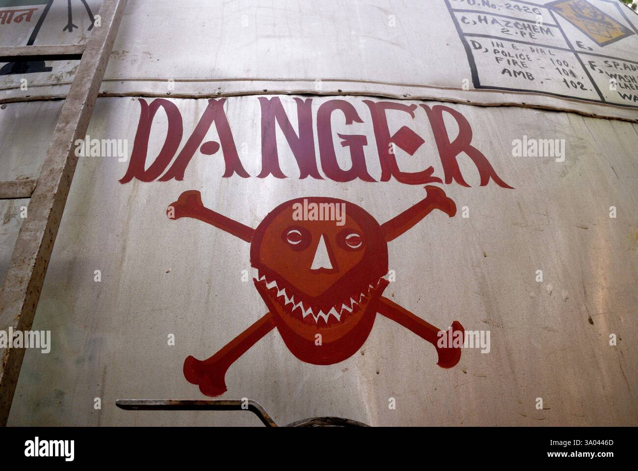 Skull which symbolizes danger sign on tanker which carries hazardous ...