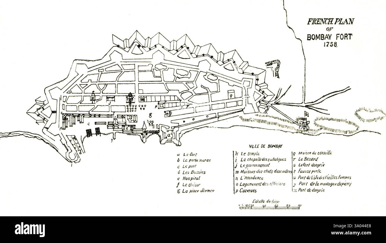 Bombay Map, French plan of Bombay fort 1758, Mumbai, Maharashtra, India ...