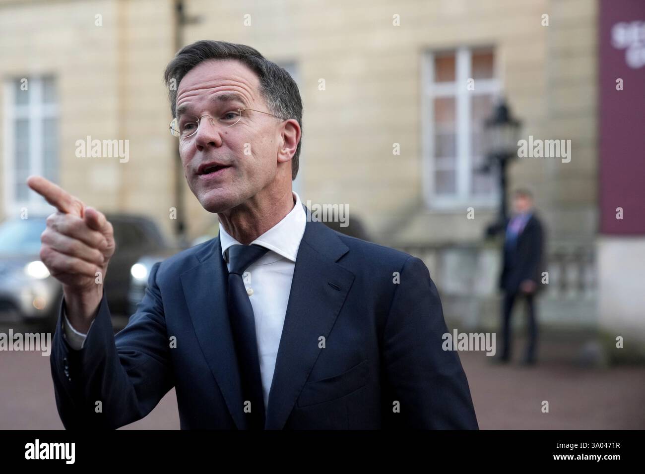 NATO Secretary General Mark Rutte speaks with the media as he departs ...
