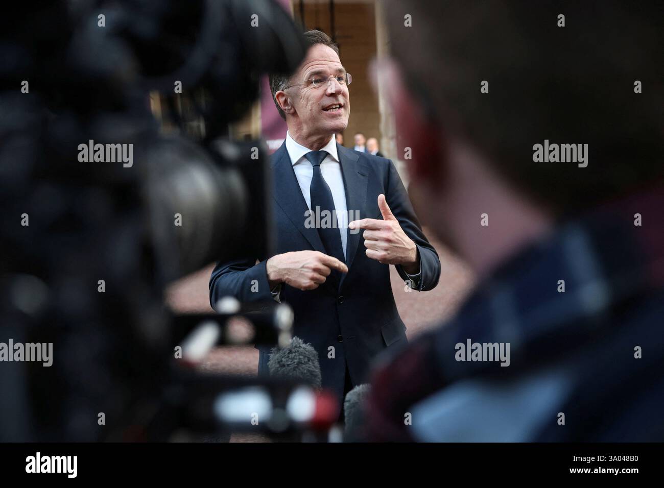 NATO Secretary General Mark Rutte talks to the media during the ...