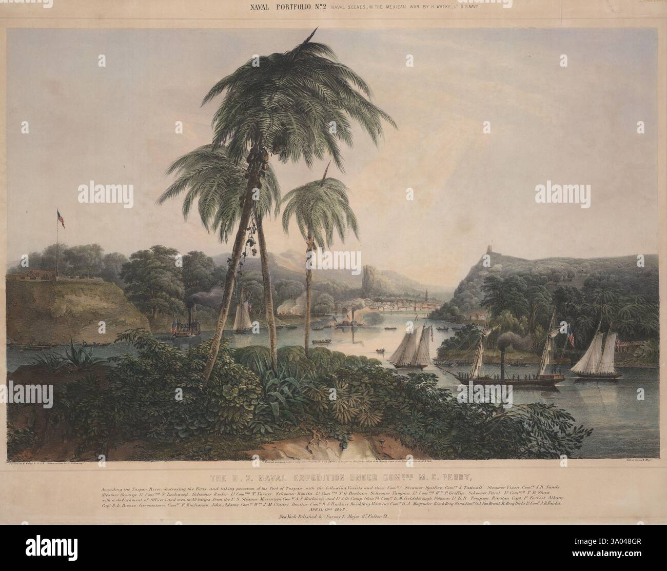 The US Naval Expedition under Commander Matthew C. Perry. April 19, 1847. Vintage Lithograph ...