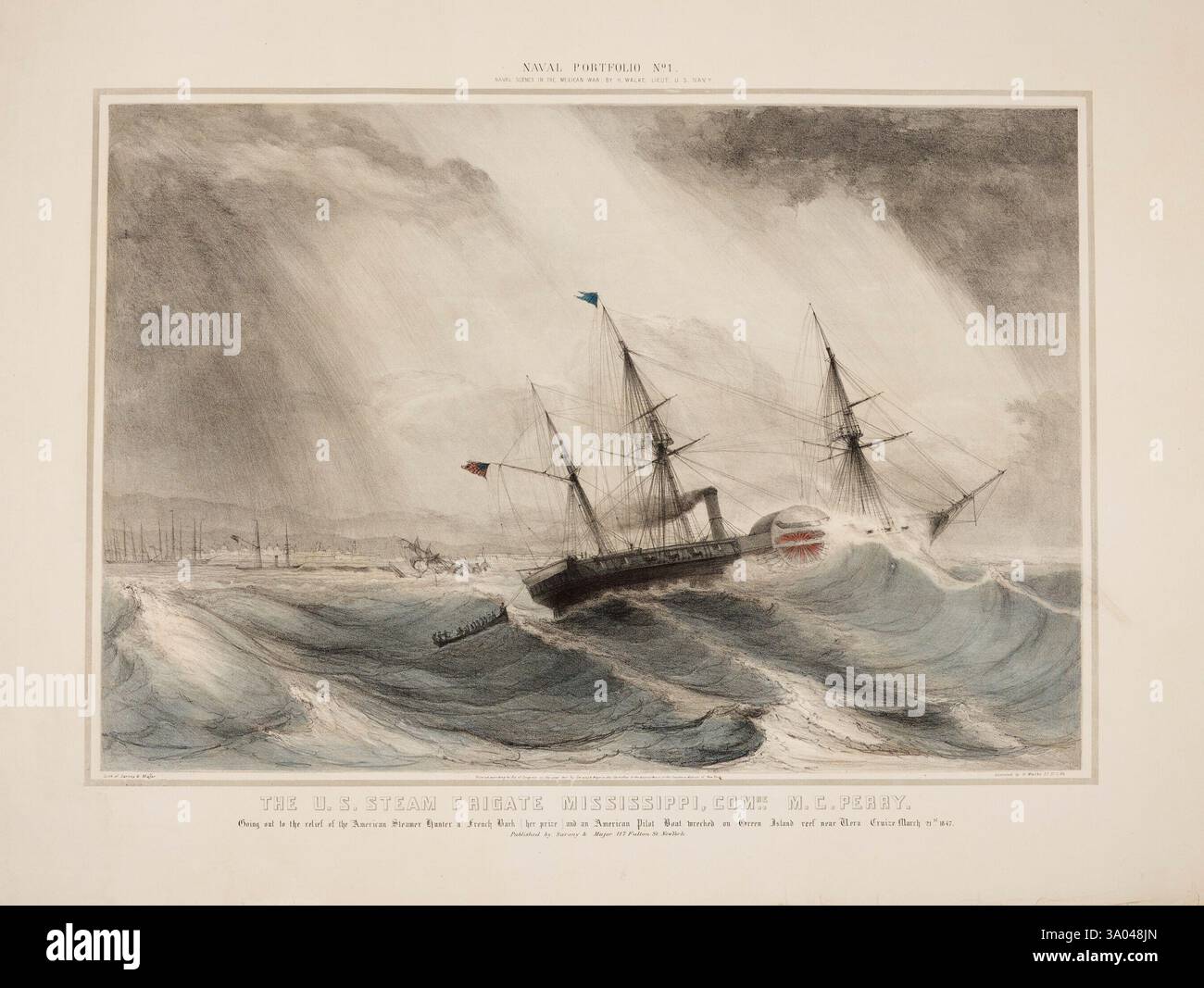 The US Steam Frigate Mississippi under Commander Matthew C. Perry., going to the relief of ...