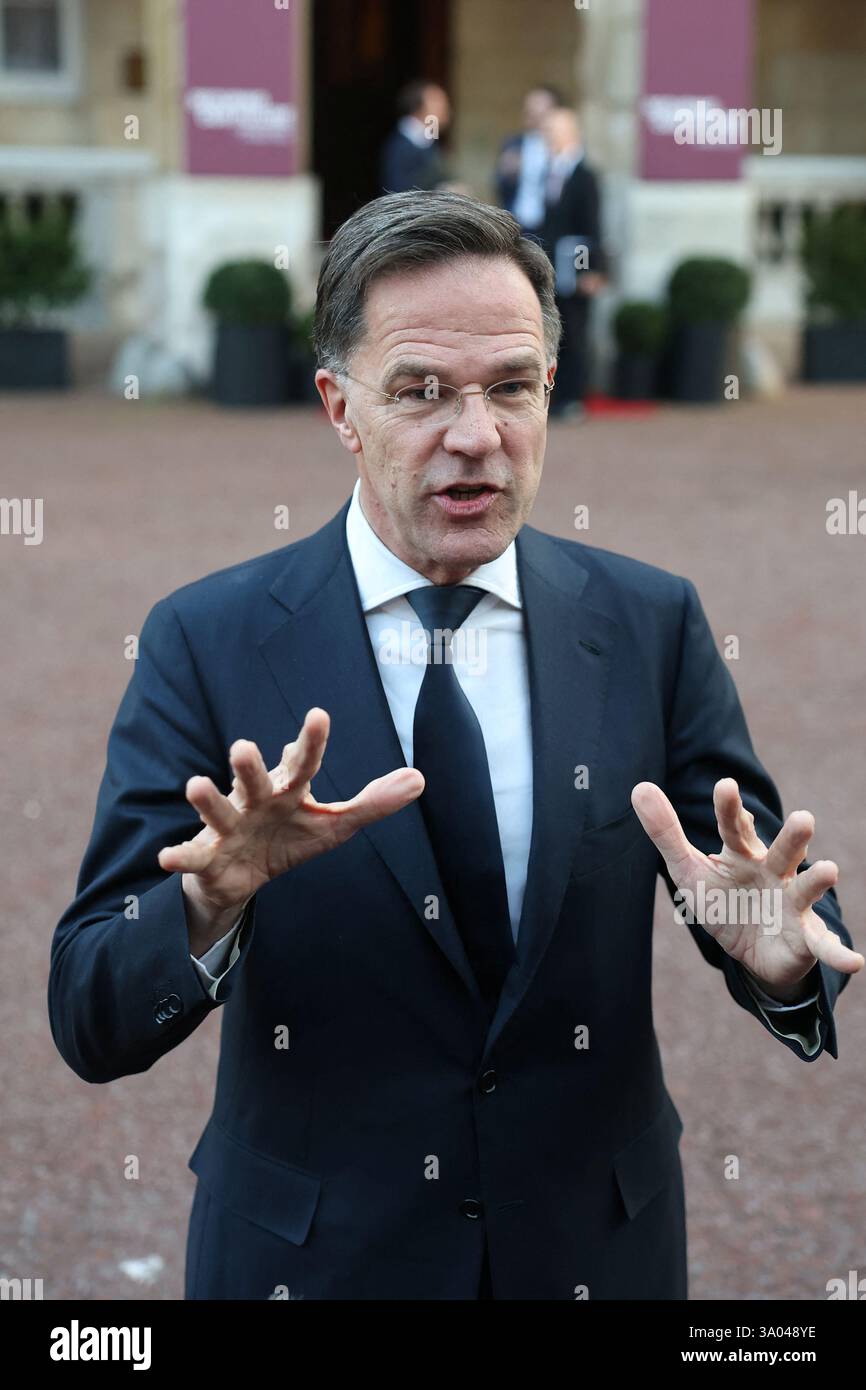 NATO Secretary General Mark Rutte speaks to the media after leaving ...