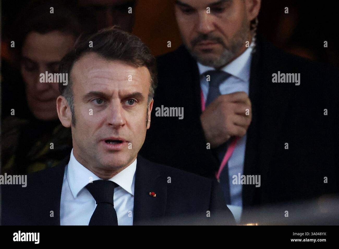 French President Emmanuel Macron leaving Lancaster House, London, after ...