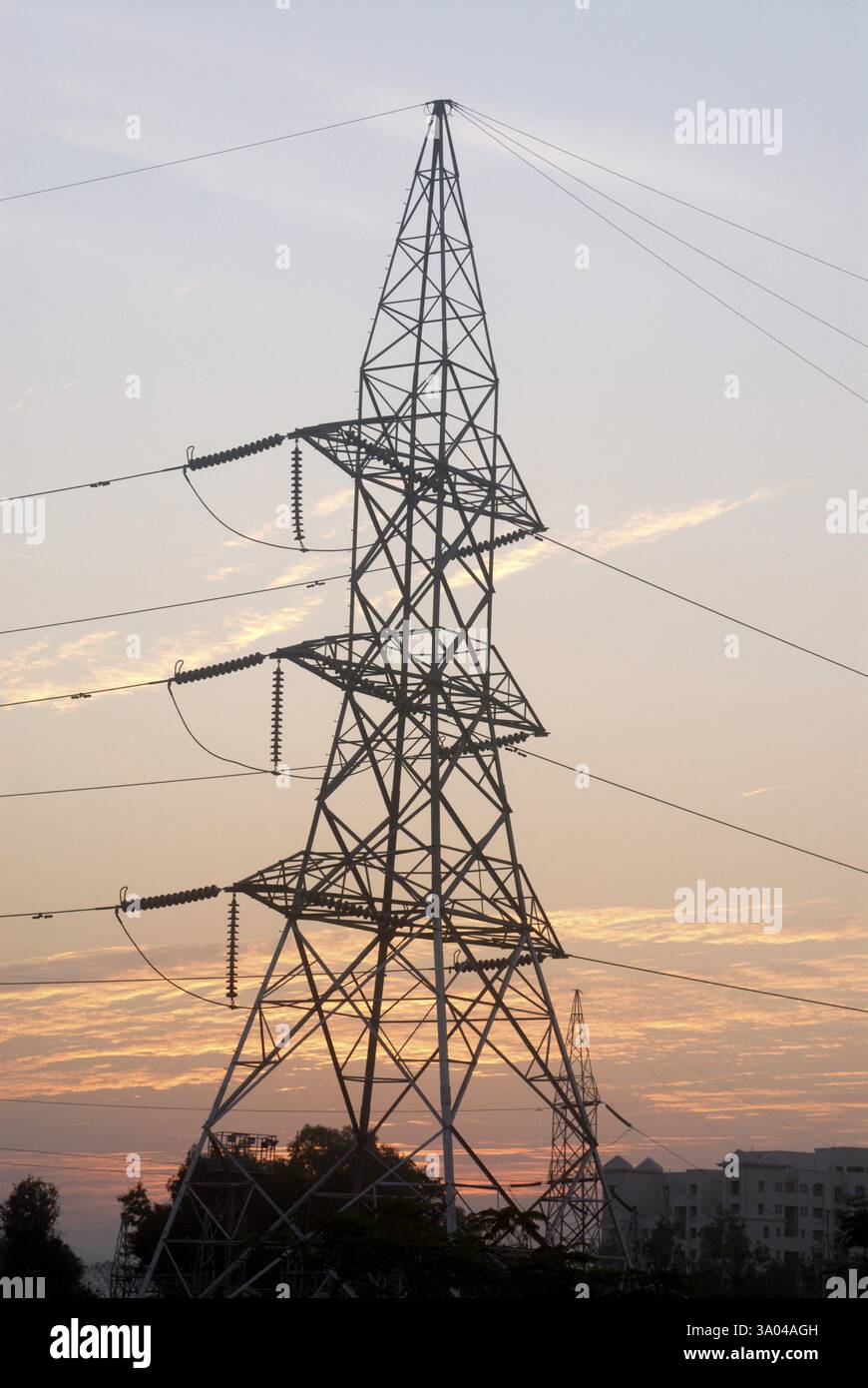 High tension line tower at sunset, Pune, Maharashtra, India, Asia Stock ...