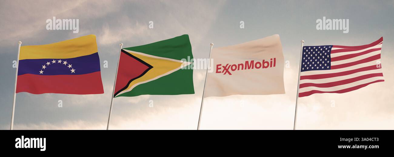 Venezuela, Guyana, USA, and ExxonMobil symbolized by four flags against ...
