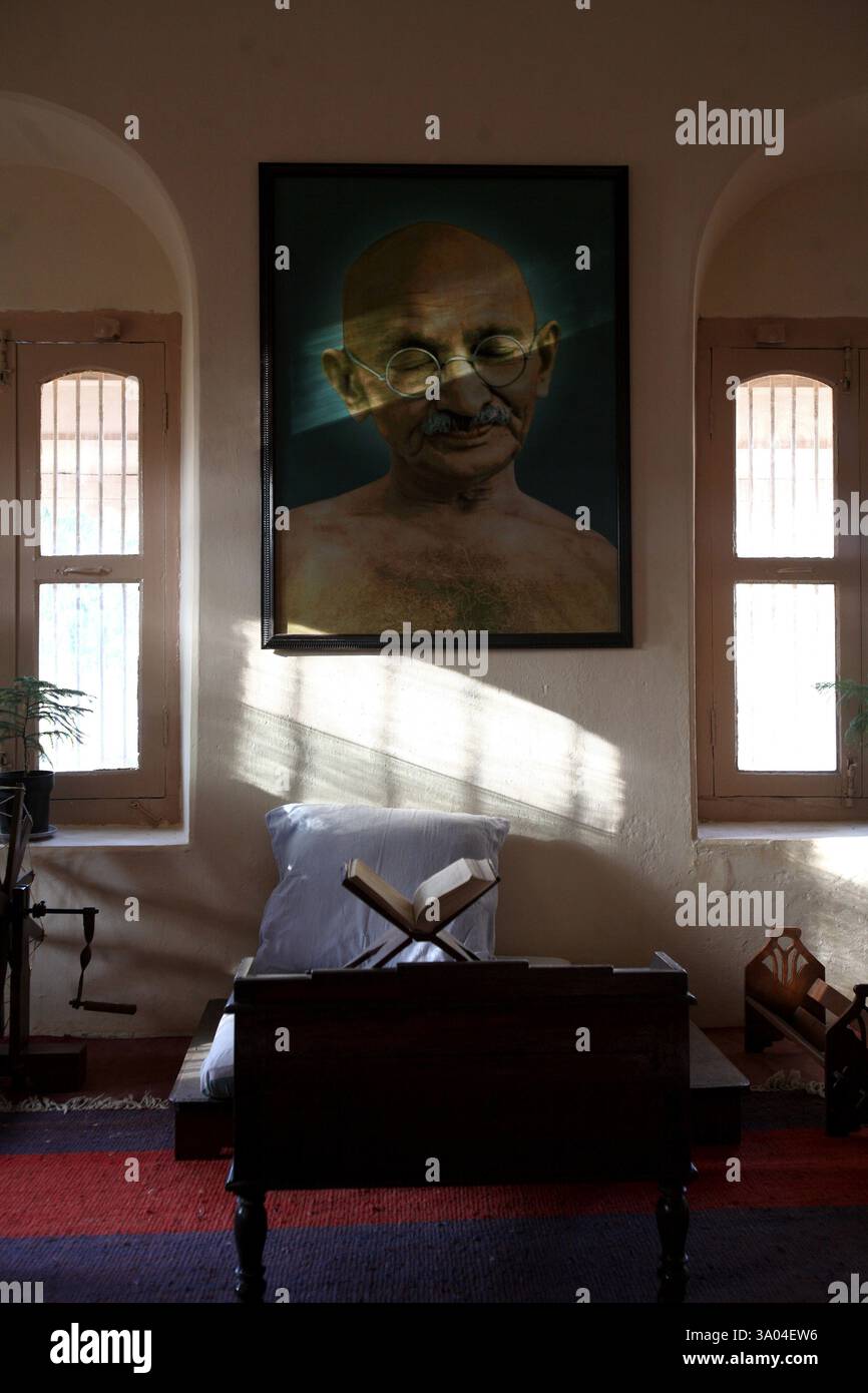 Mahatma Gandhi sitting place with his large photograph and his charkha ...