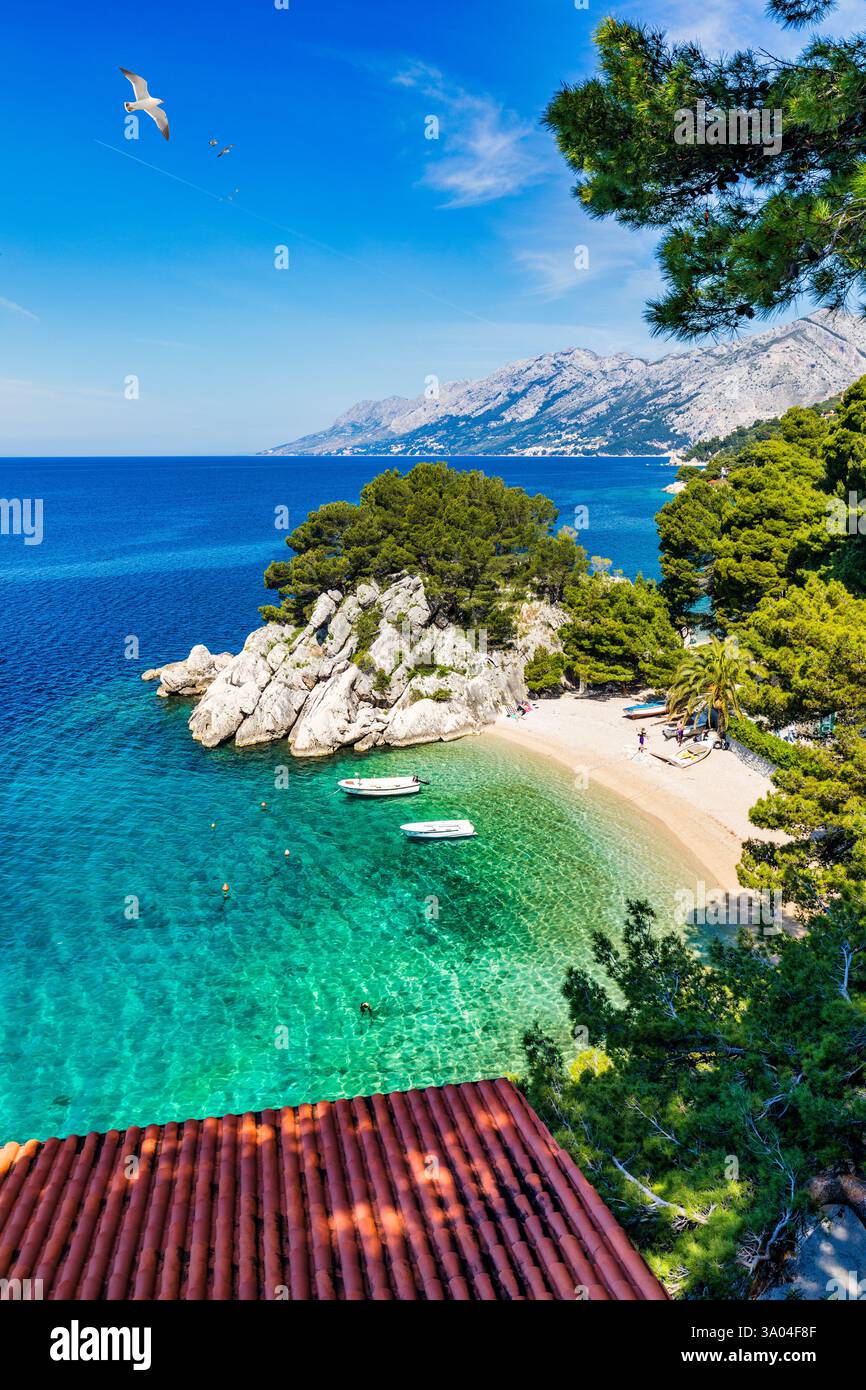 Amazing aerial view of the beautiful Podrace beach in Brela, Makarska ...