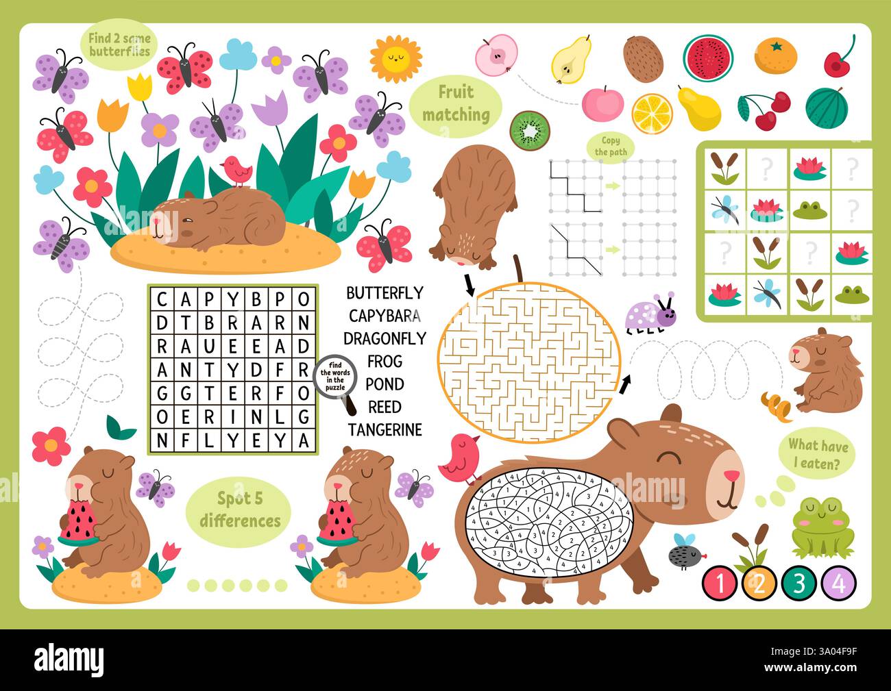 Vector capybara placemat for children. Capibara printable activity mat ...