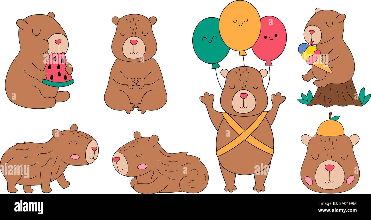 Vector capybara set. Cute capibara animals collection. Funny guinea ...
