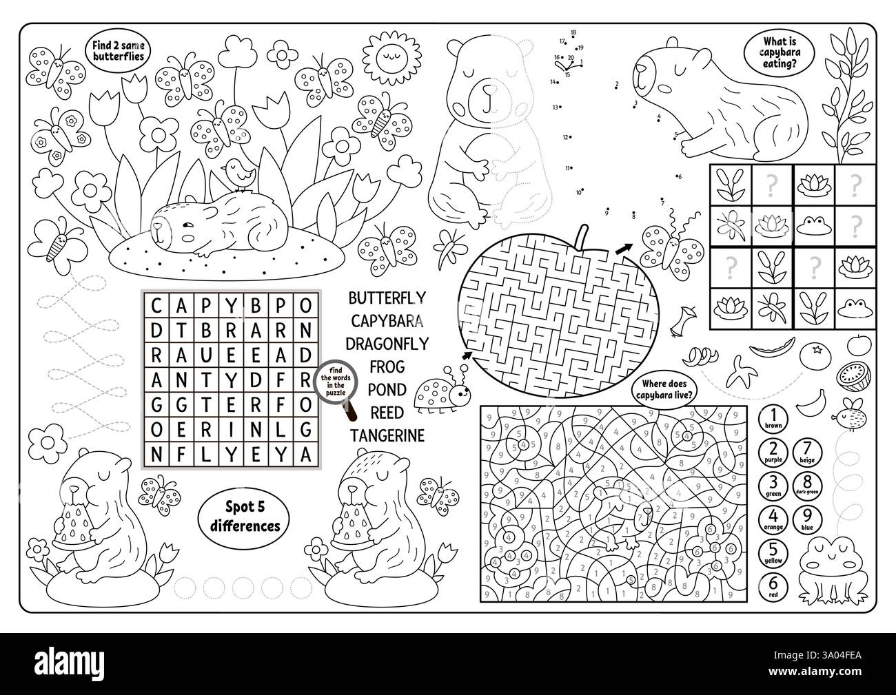 Vector black and white capybara placemat. Capibara line printable ...