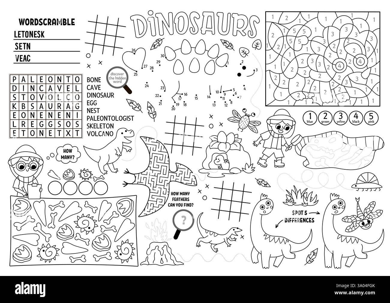 Vector dinosaur placemat for kids. Prehistoric printable activity mat ...