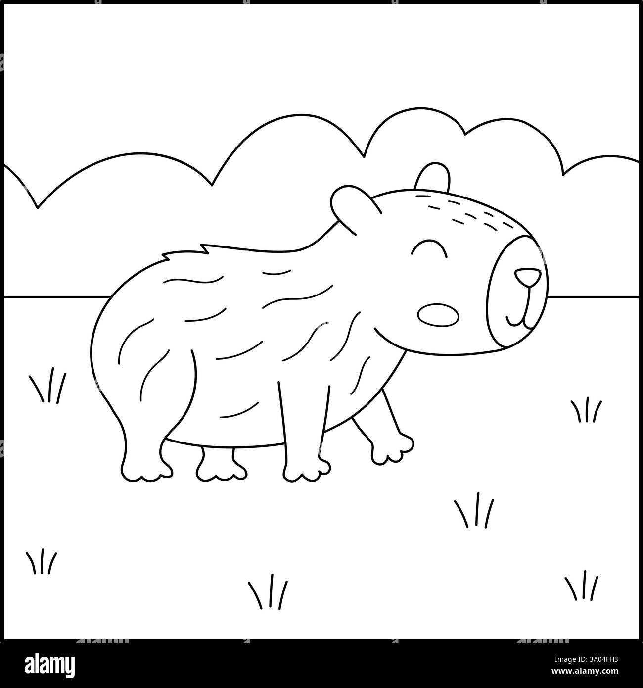 Vector black and white capybara landscape illustration. Cute square ...