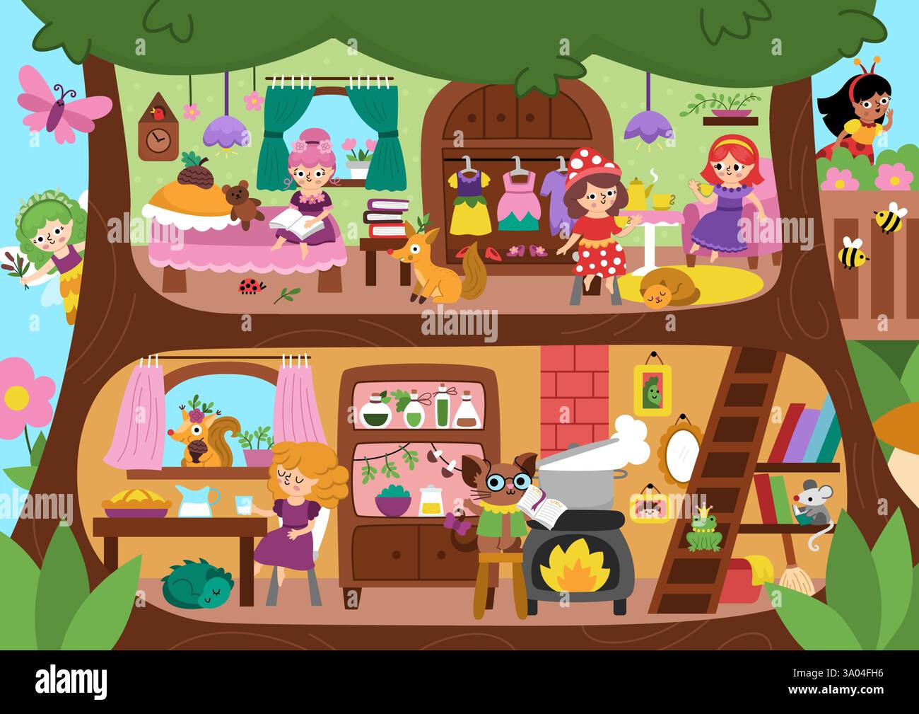 Vector acorn fairy house background with cute girls drinking tea ...