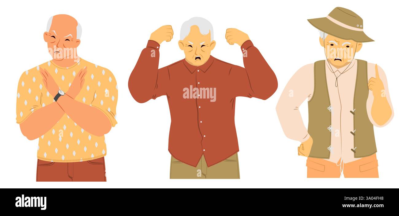 An elderly man displays anger through his posture and gestures ...