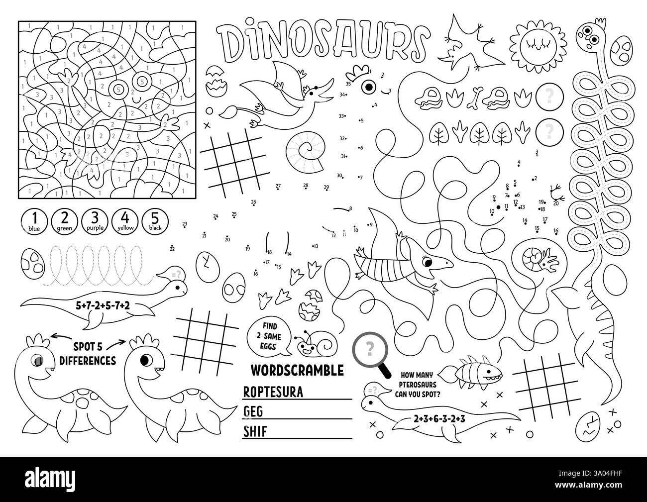 Vector dinosaur placemat for kids. Prehistoric printable activity mat ...