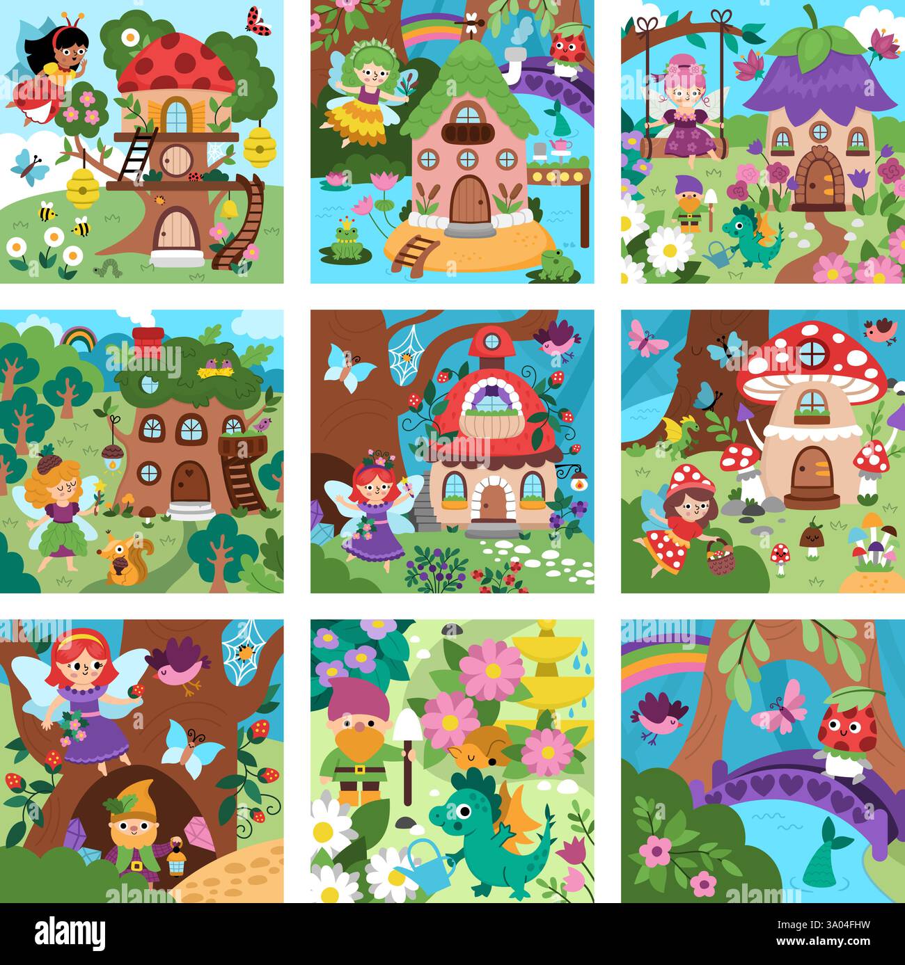 Vector square fairyland backgrounds set. Cute fairy land landscape ...
