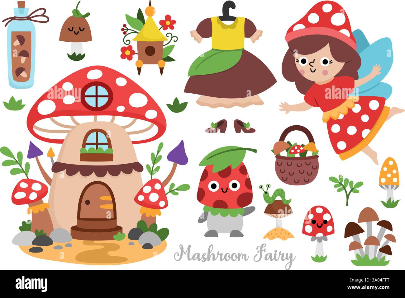 Vector mushroom fairy clipart set. Cute icons of little girl with wings ...