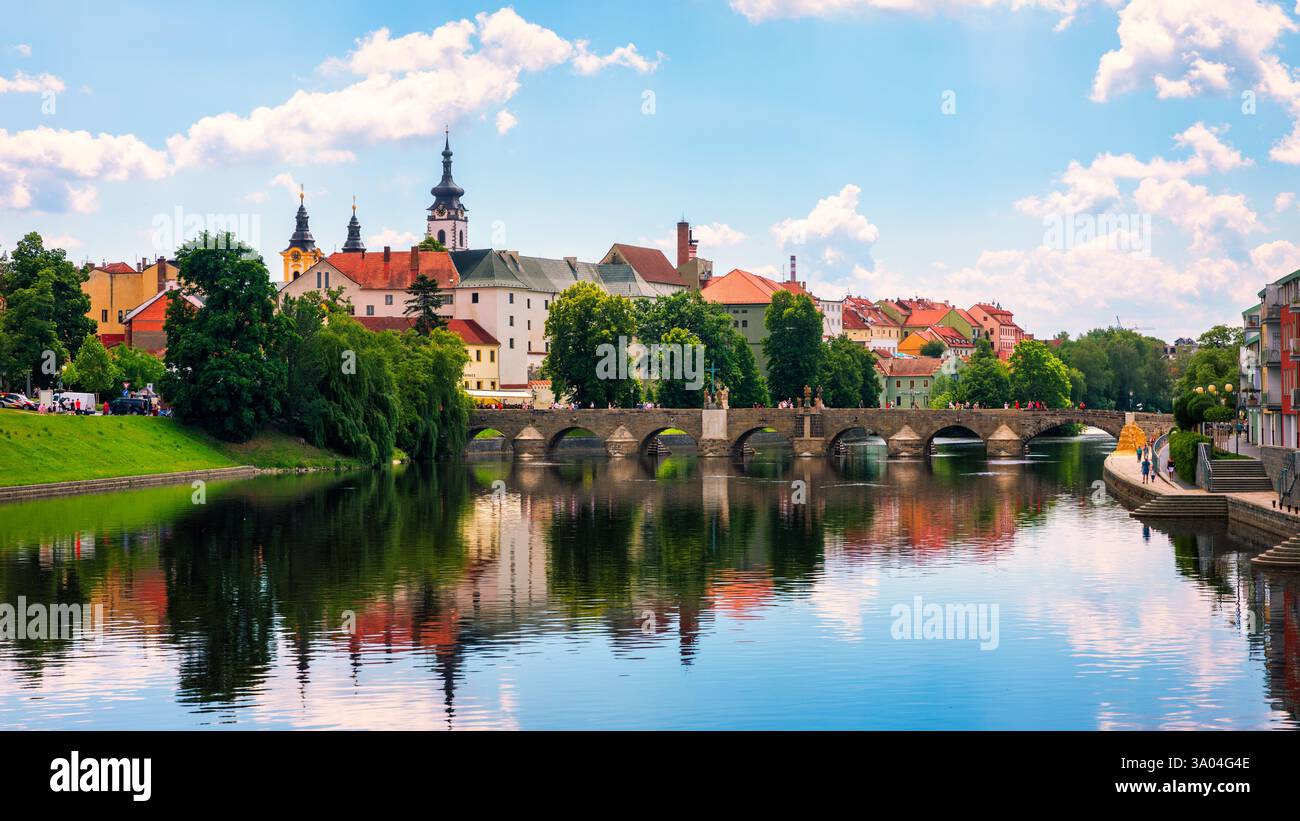 Medieval Town Pisek and historic stone bridge over river Otava in the ...