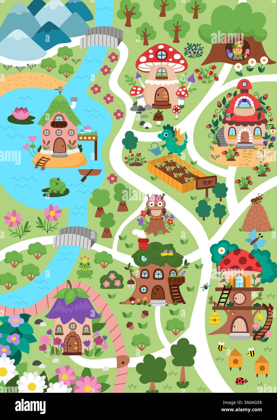 Vector fairyland map background. Cute fairy land landscape. Woodland ...