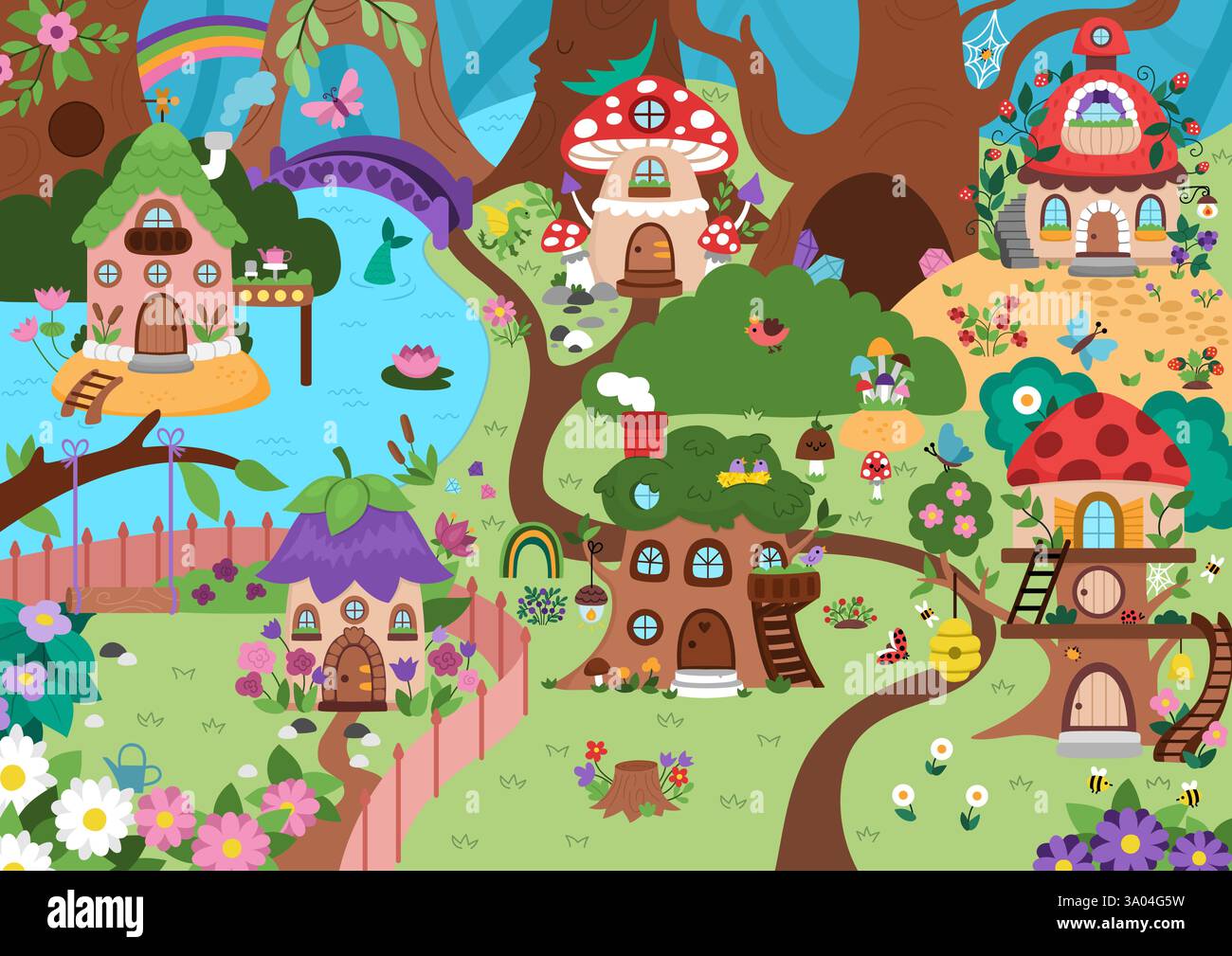 Vector empty fairyland background. Cute fairy land landscape. Woodland ...