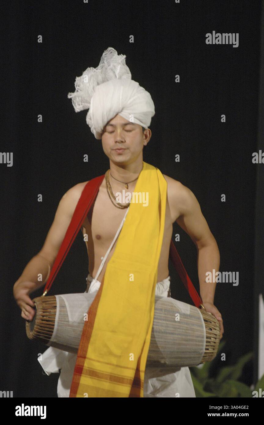 Traditional pung drummer, folk dance, Imphal, Manipur, India, Asia ...