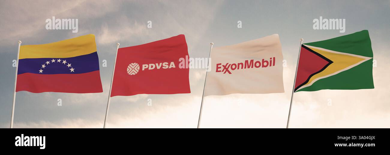 Venezuela, Guyana, PDVSA, and ExxonMobil symbolized by four flags ...