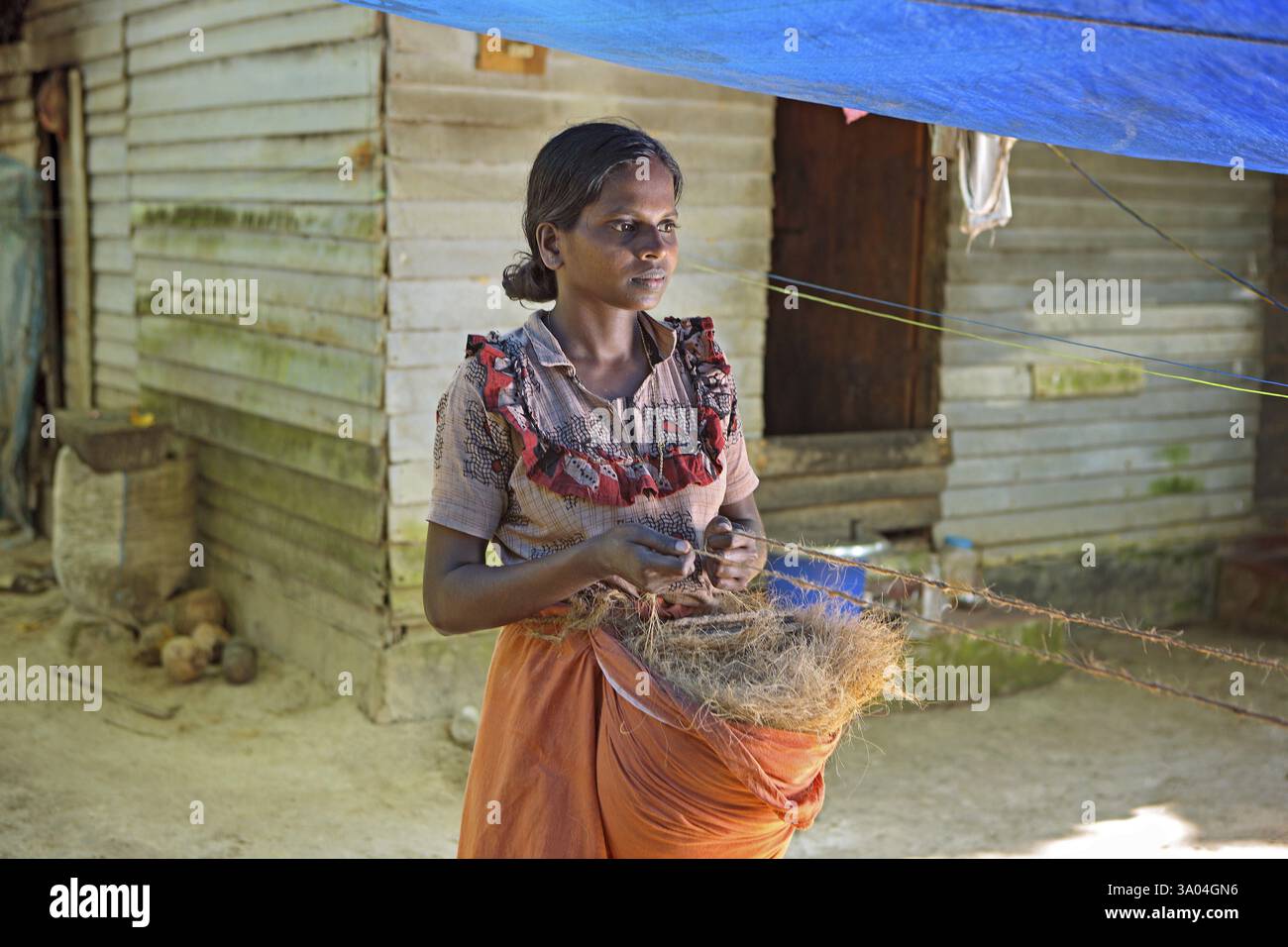 Keralite woman making coir rope in cottage, traditional method, Kerala ...