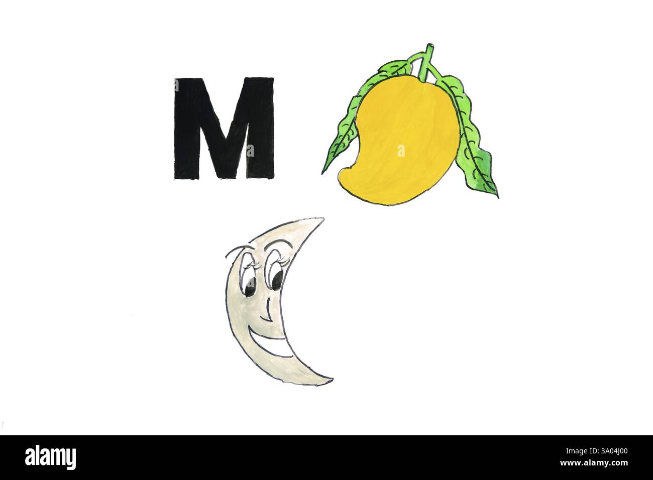 Watercolour painting of alphabet m with mango and moon Stock Photo - Alamy