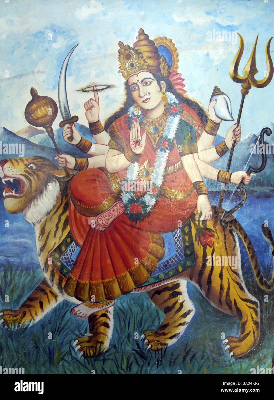 Colourful painting of goddess Durga riding on tiger, Pune, Maharashtra ...