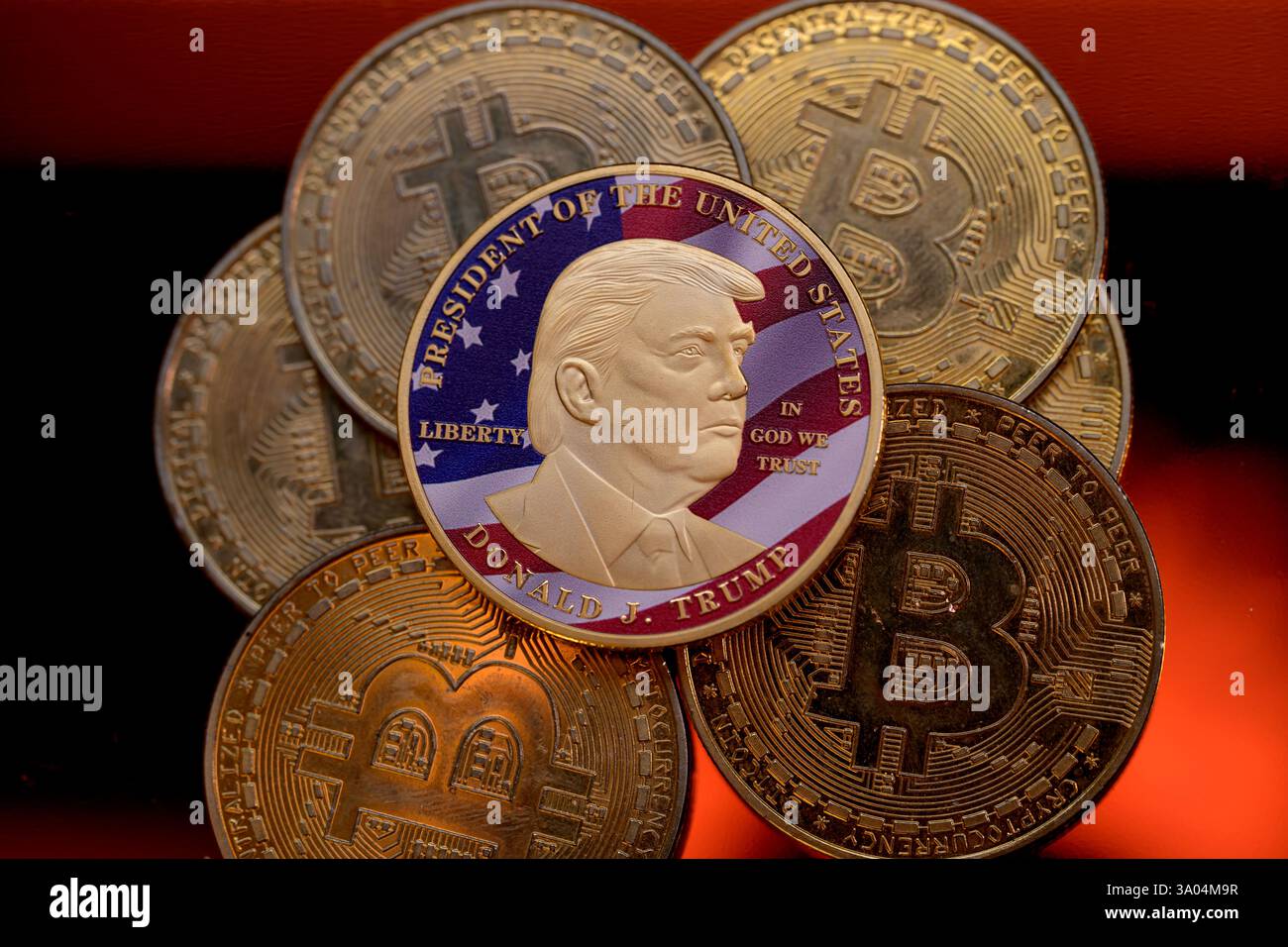 Representation of the $Trump meme coin together with Bitcoin and crypto ...