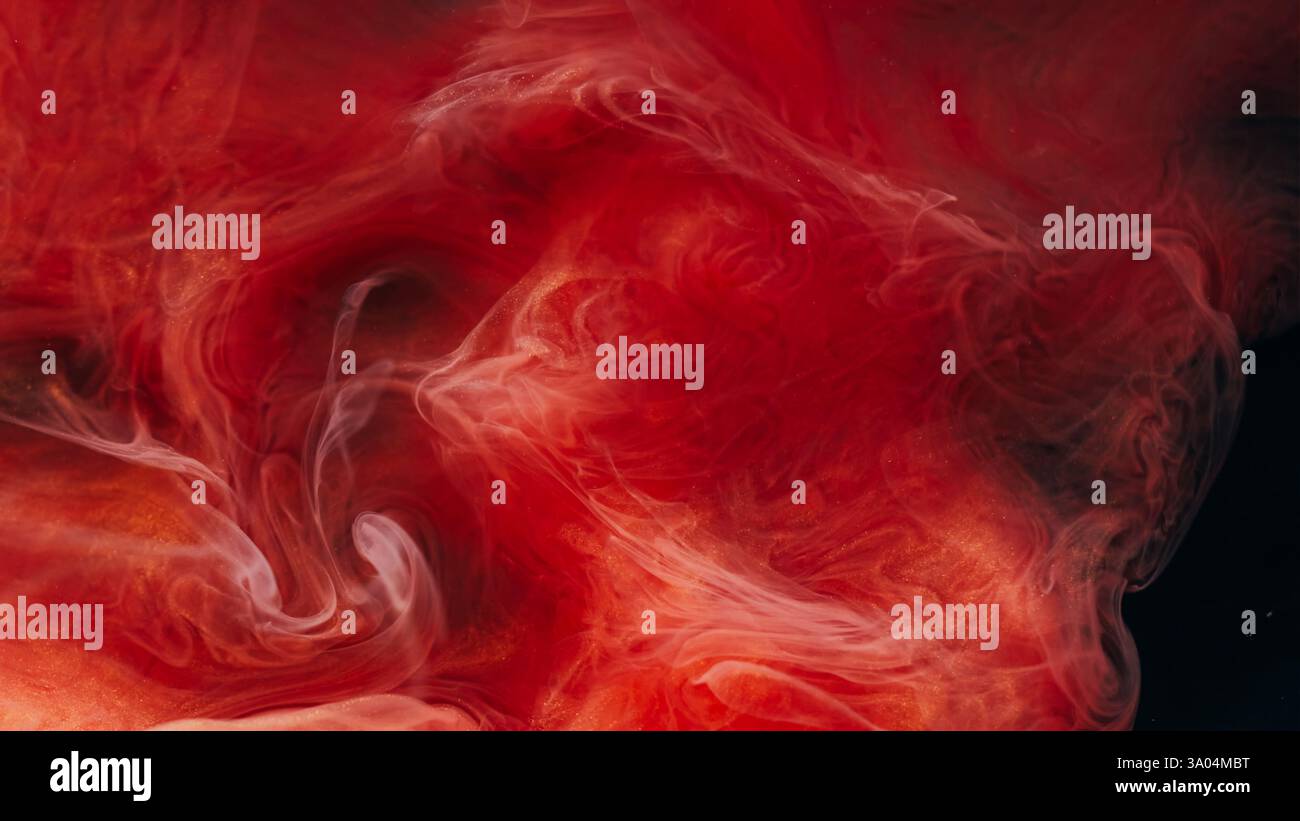 Art cloud. Pigment fog. Red paint spill swirl abstract background. Fume ...