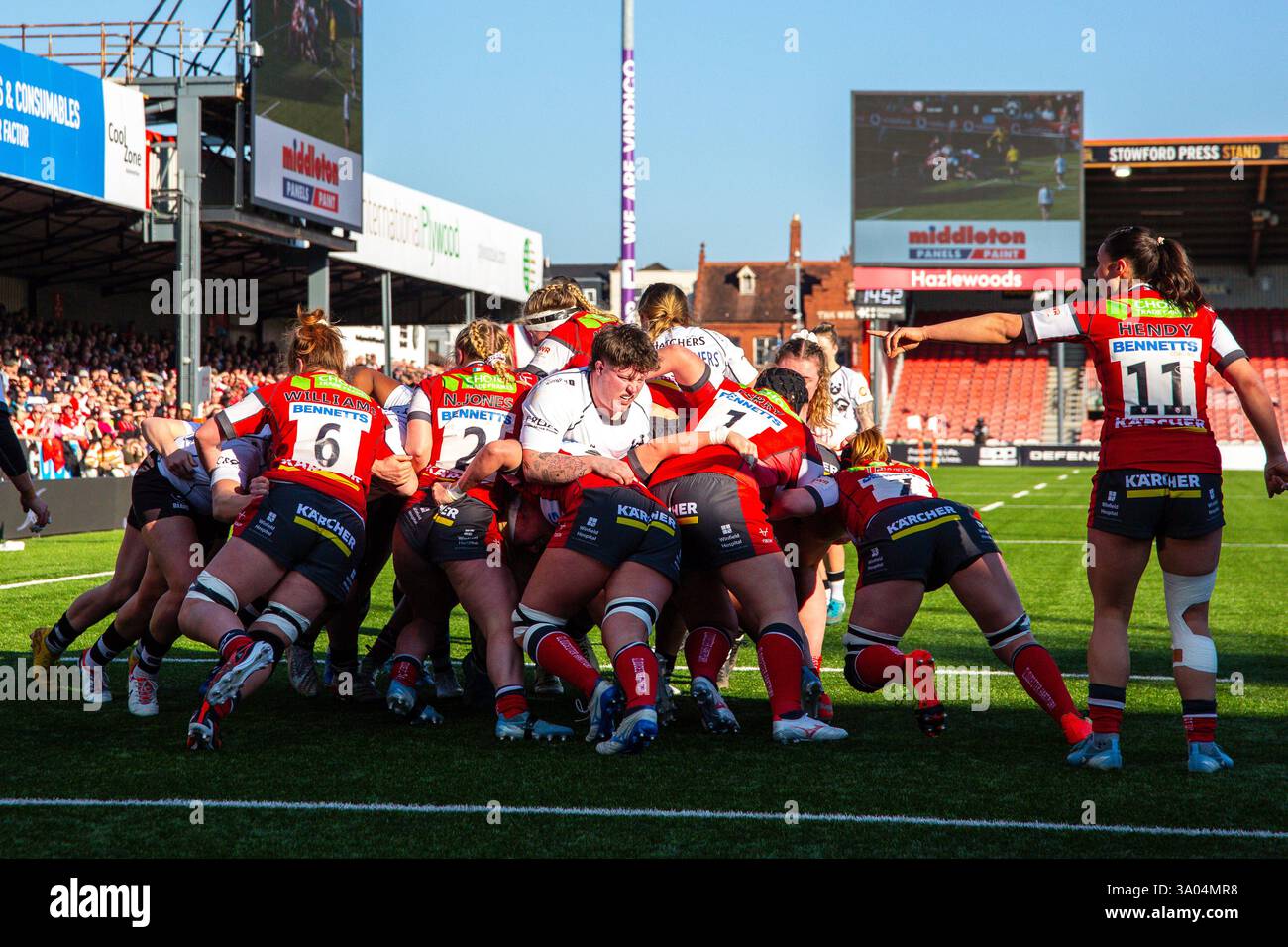 Gloucester, UK, 2nd March 2025 Gloucester-Hartpury defend versus ...