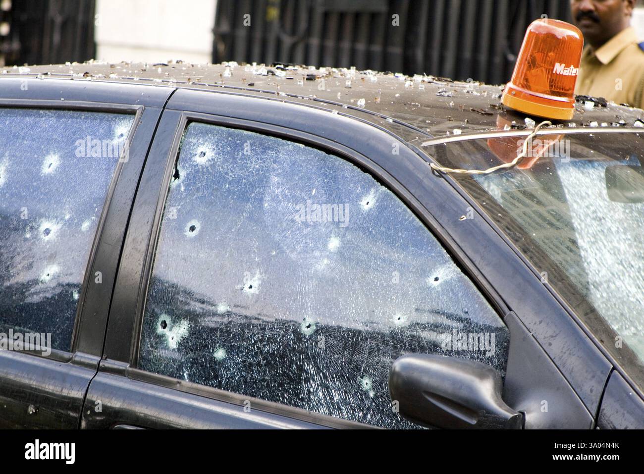 Bullet marks of AK47 gun on the police black colour car when terrorists ...