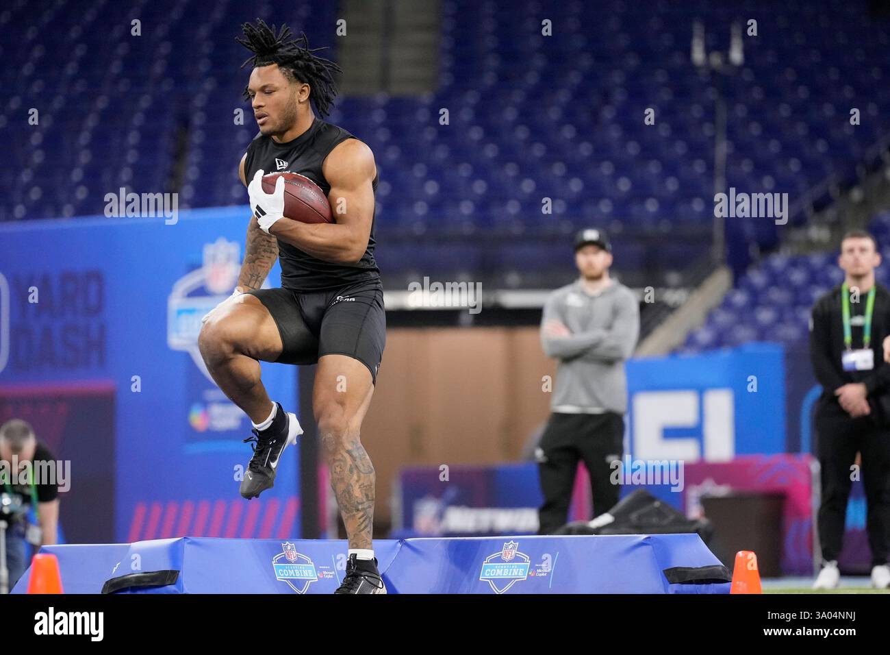 North Carolina running back Omarion Hampton runs a drill at the NFL ...
