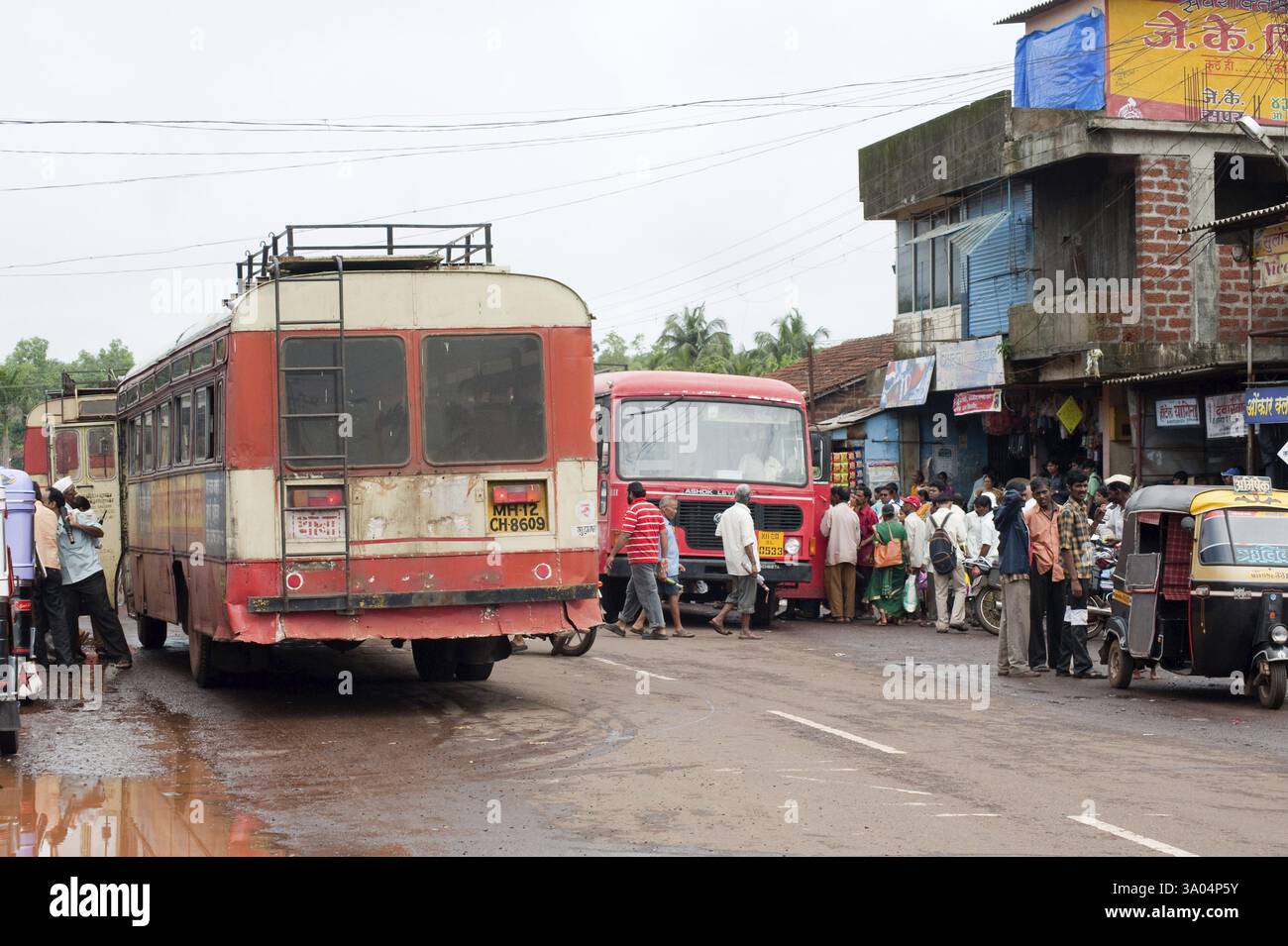 State transport buses at stand, Tali, Ratnagiri, Maharashtra, India ...