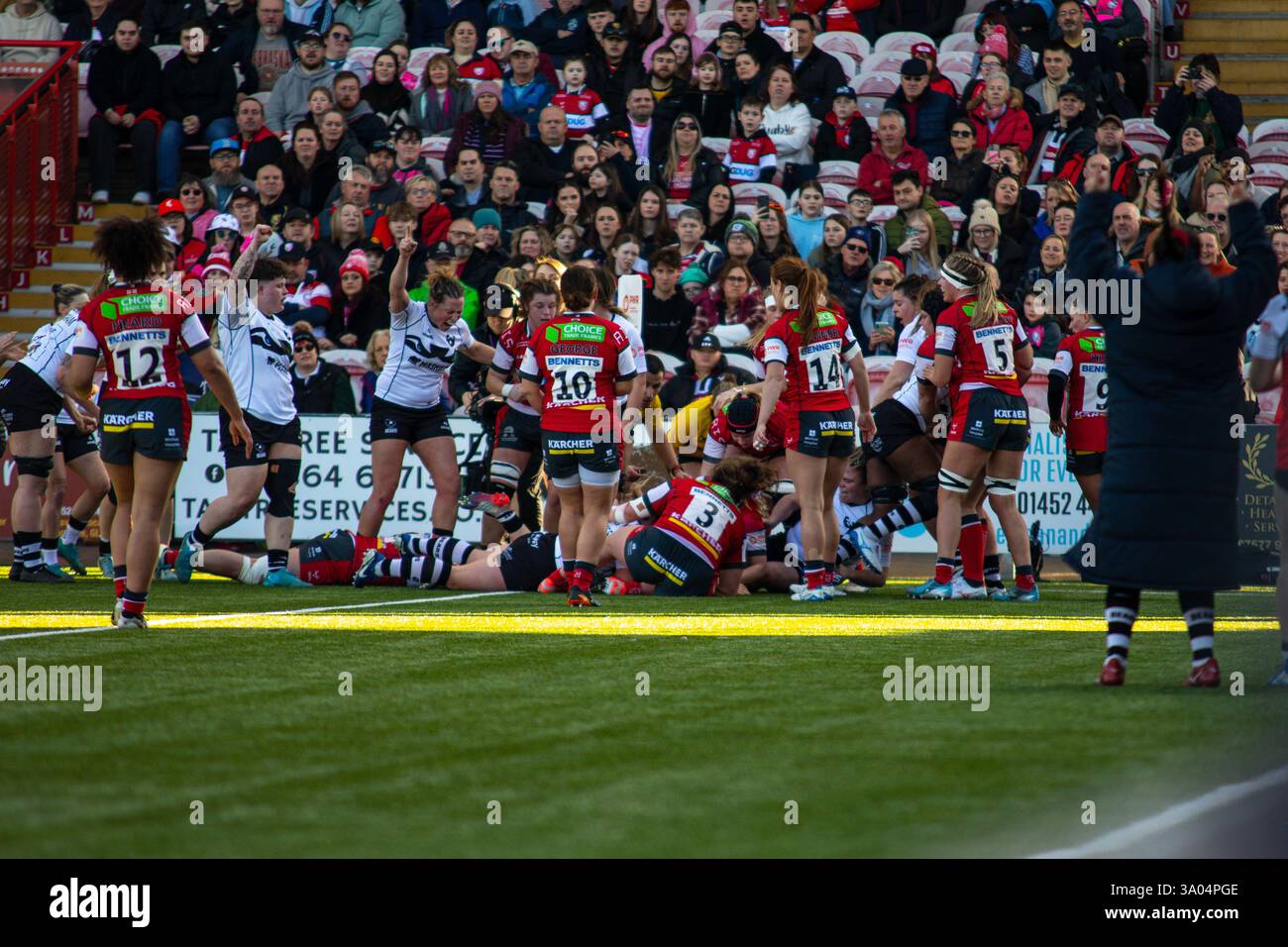 Gloucester, UK, 2nd March 2025 Bristol Bears Lark Atkin-Davis goes over ...