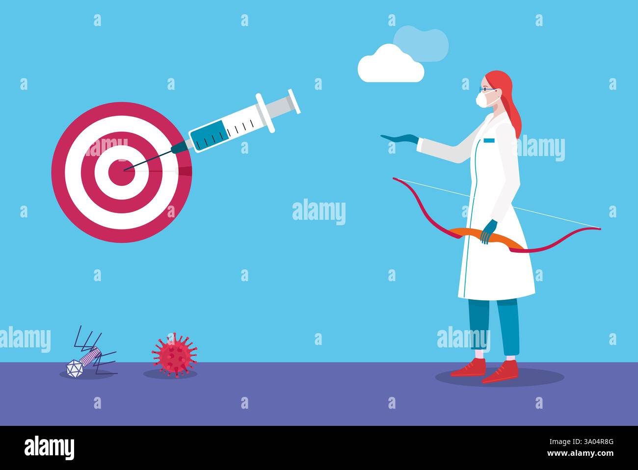 Doctor using bow and arrow to shoot syringe at target, fighting virus ...