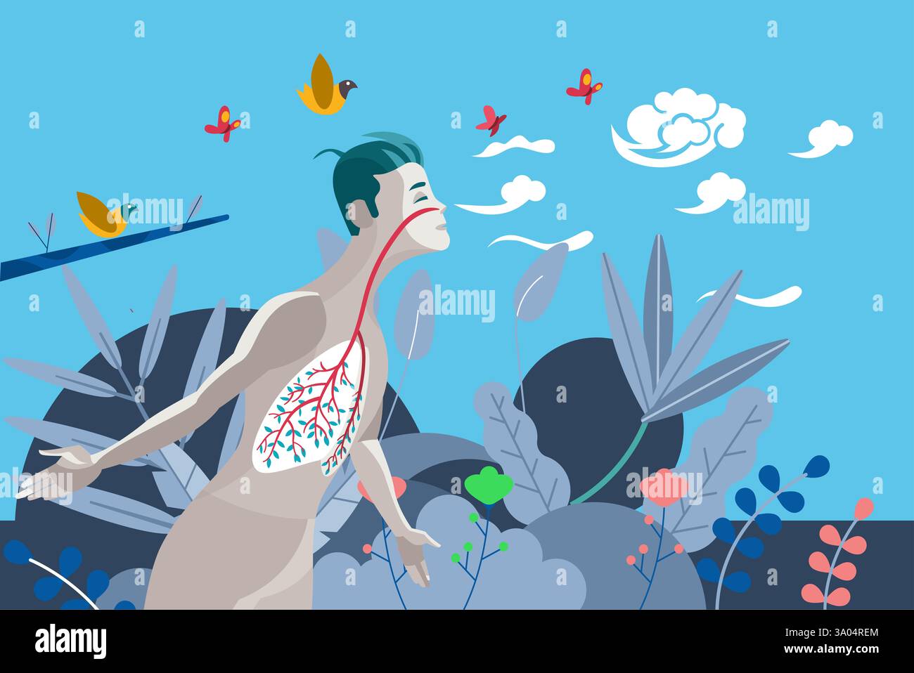 A man inhaling clean air surrounded by nature with visible respiratory ...