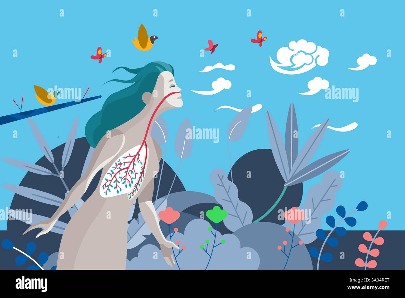 Woman inhaling clean air surrounded by nature with visible respiratory system, promoting healthy ...