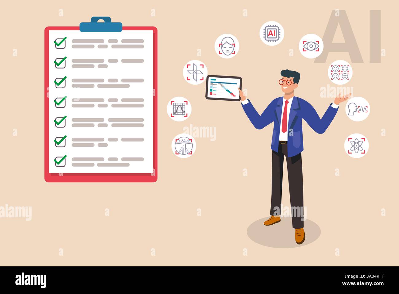Businessman managing artificial intelligence algorithms, completing tasks on clipboard checklist ...