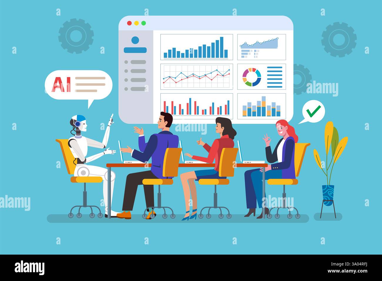 Office workers using artificial intelligence to analyze data and improve business performance ...