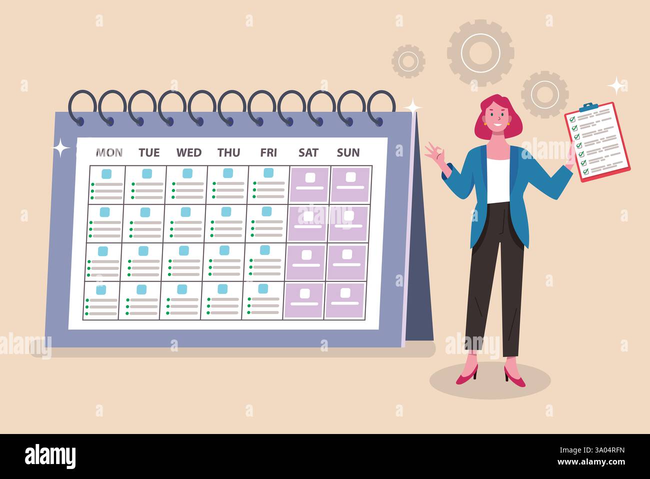 Project manager showing completed tasks on a giant schedule calendar ...