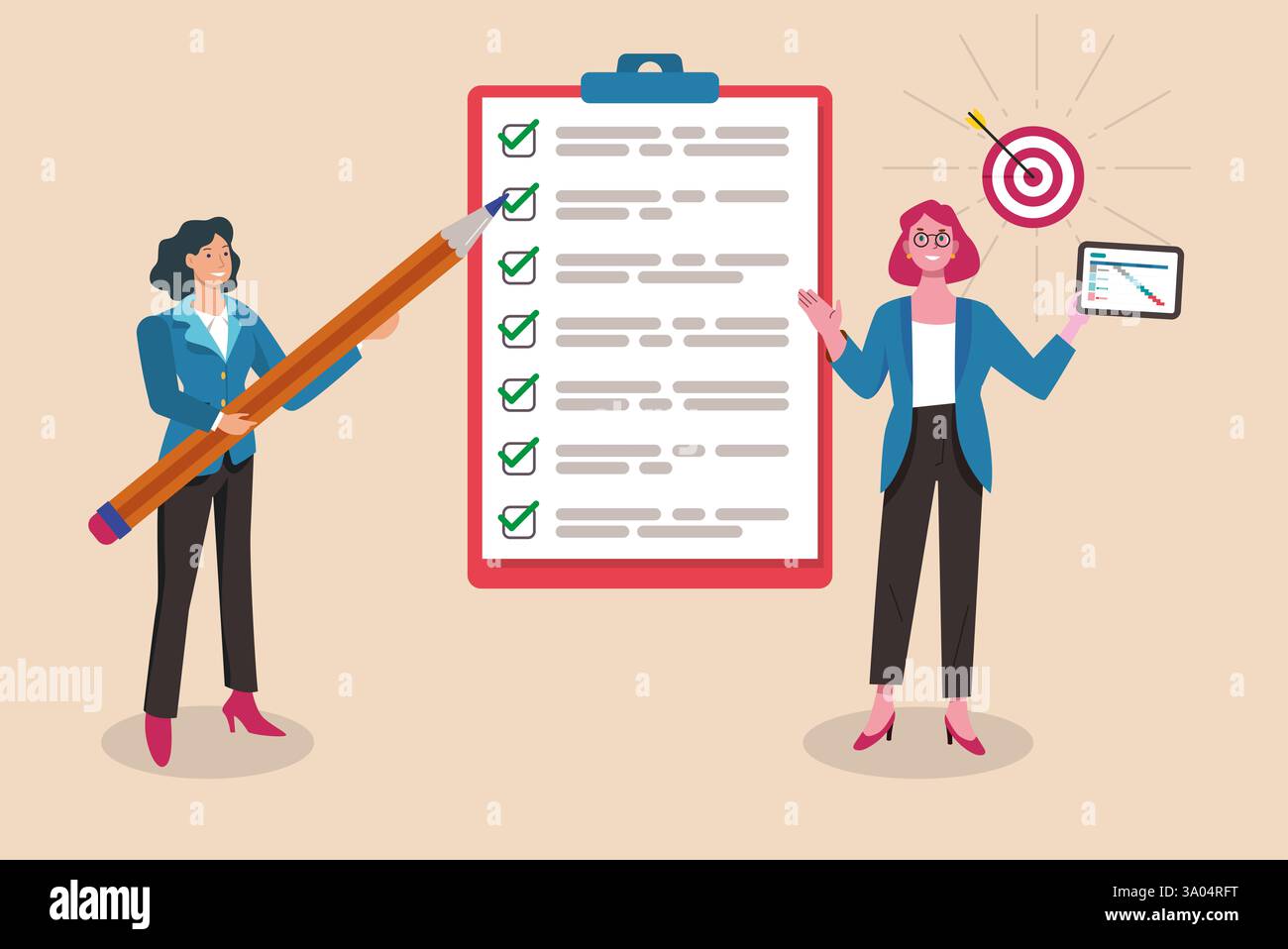 Two businesswomen analyzing a checklist on clipboard, using a pencil ...