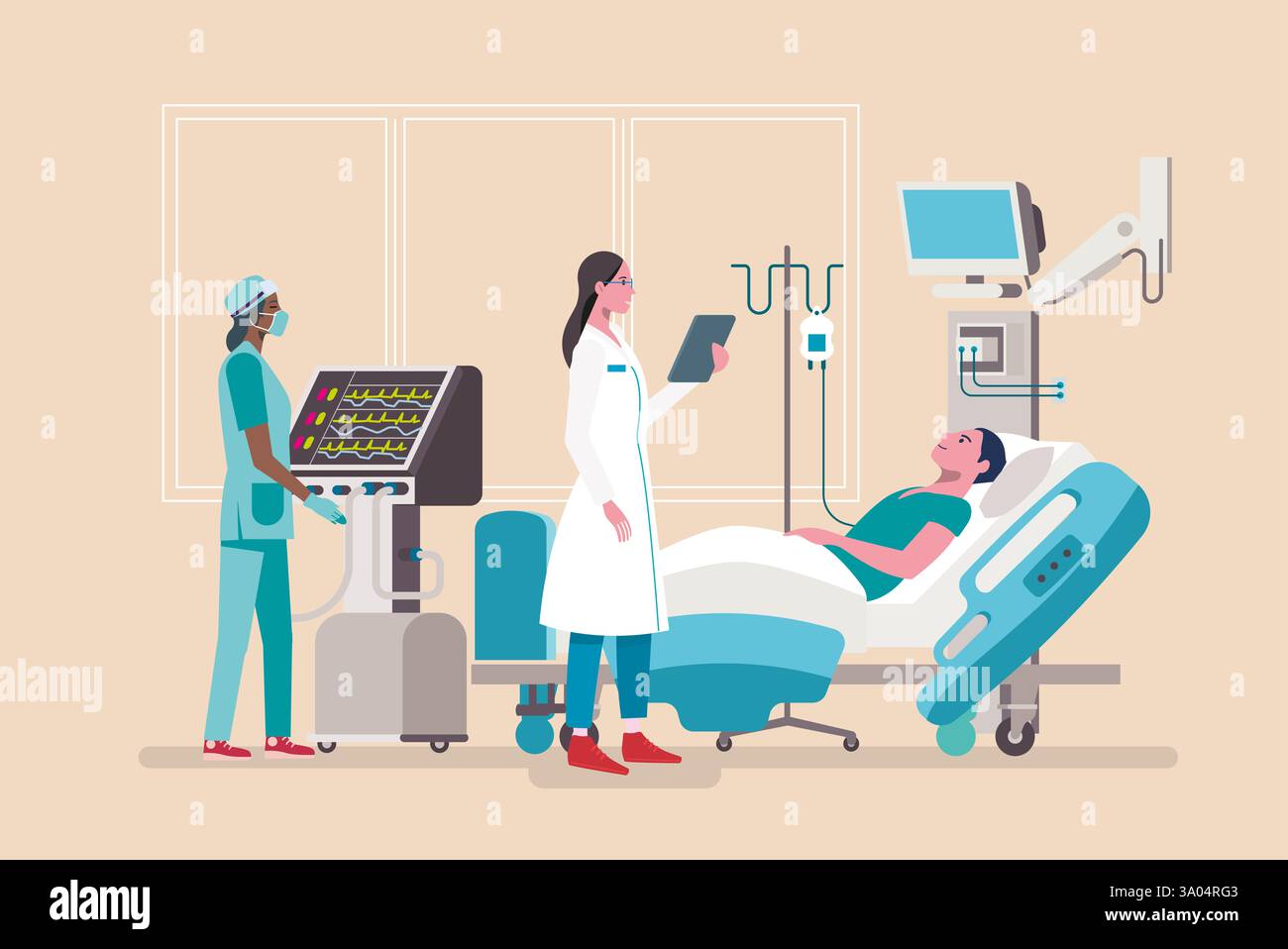 Doctors and nurses attending a patient lying in a hospital bed, using ...