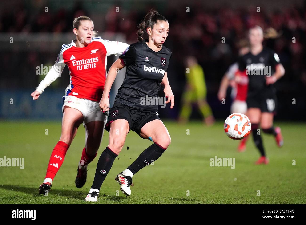Arsenal's Alessia Russo (left) and West Ham United's Amber Tysiak ...