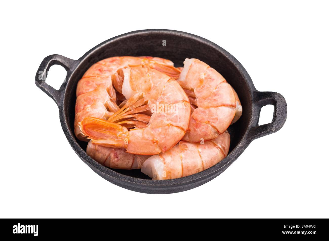 Raw Headless Red Argentine shrimps, Prawns in a skillet isolated on ...